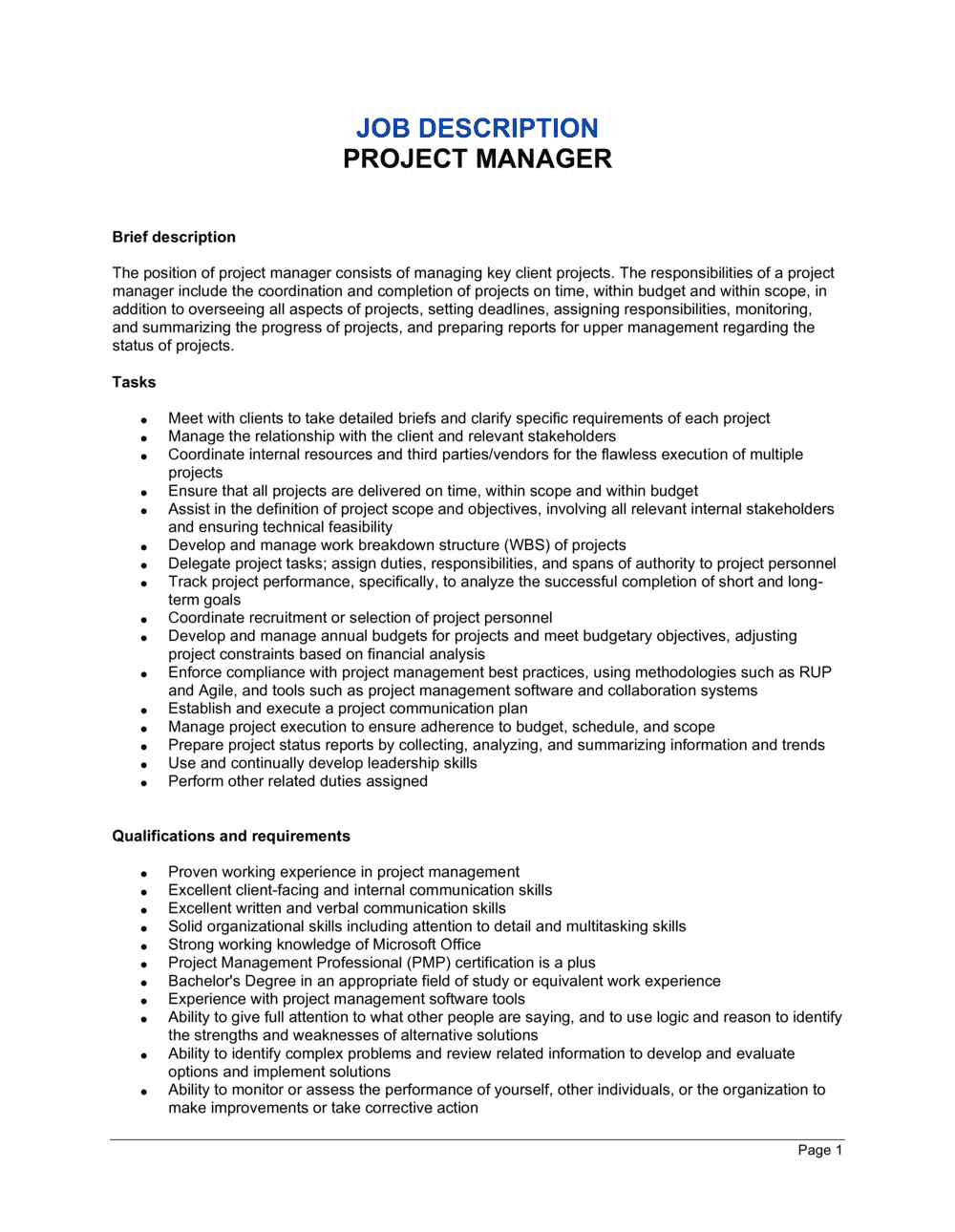 Project Manager Job Description Template (Word & PDF) - Free Trial