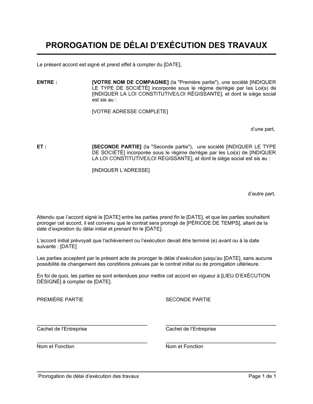 Prorogation de délai d'exécution des travaux Template (Word & PDF) - Free Trial