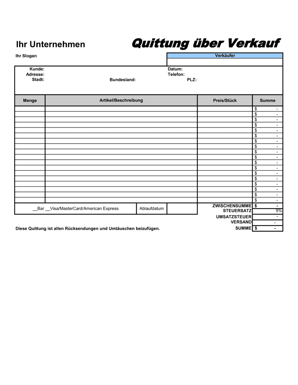 Quittung über Verkauf Vorlage | Free Word & PDF