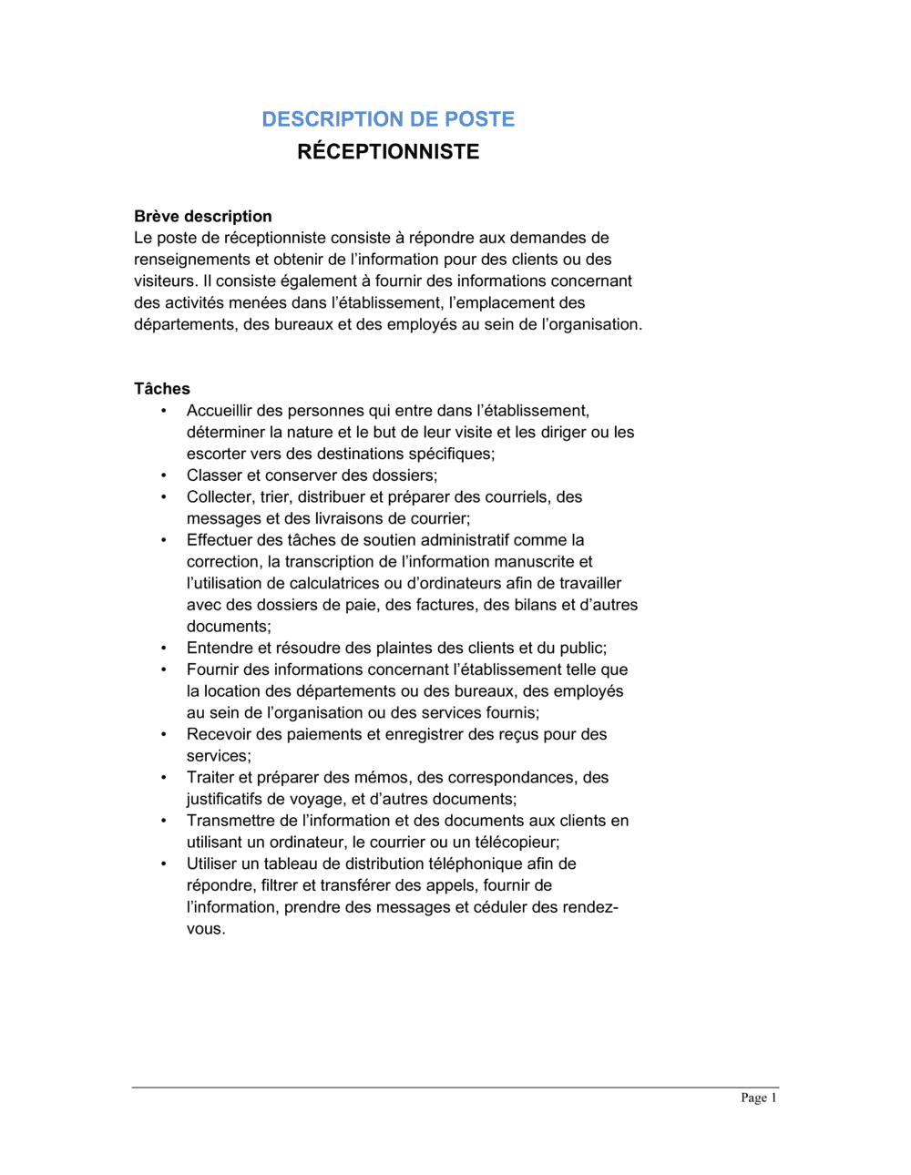 Réceptionniste Description de poste Modèle | Free Word & PDF