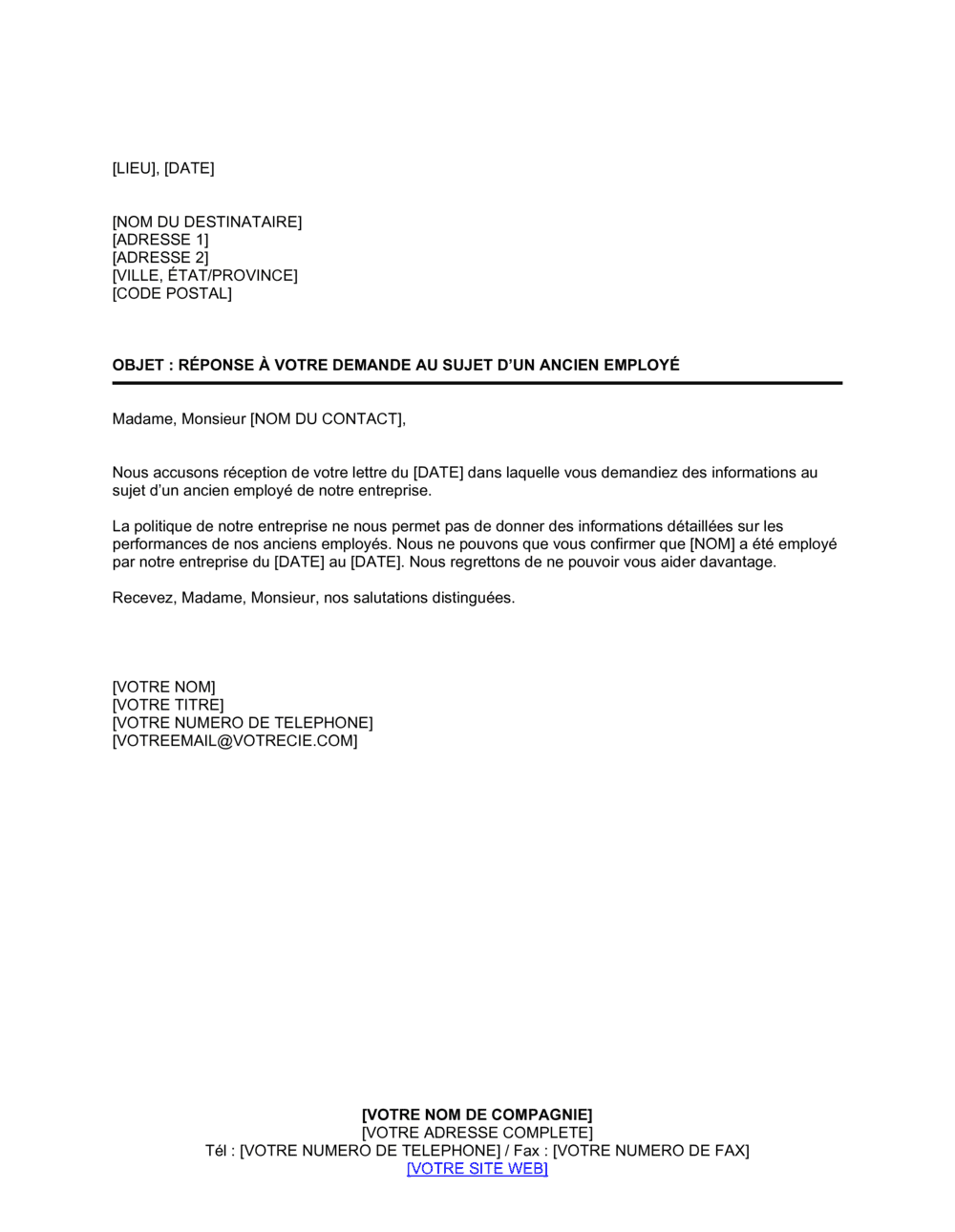 Réponse à une demande de renseignement sur un ancien employé Modèle ...
