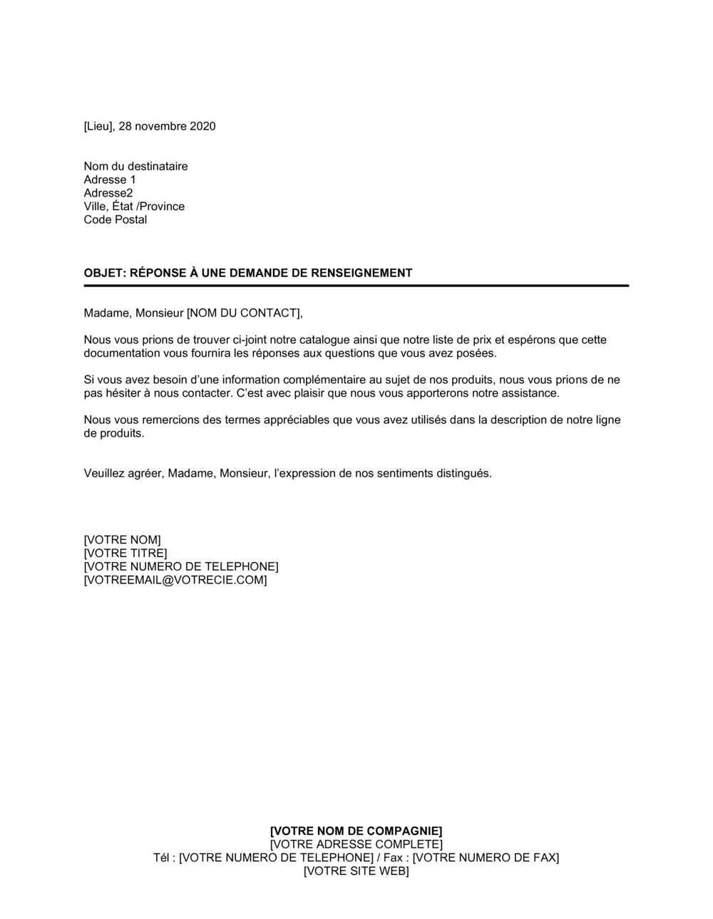 Réponse à une demande de renseignements Modèle (Word & PDF) - Essai gratuit