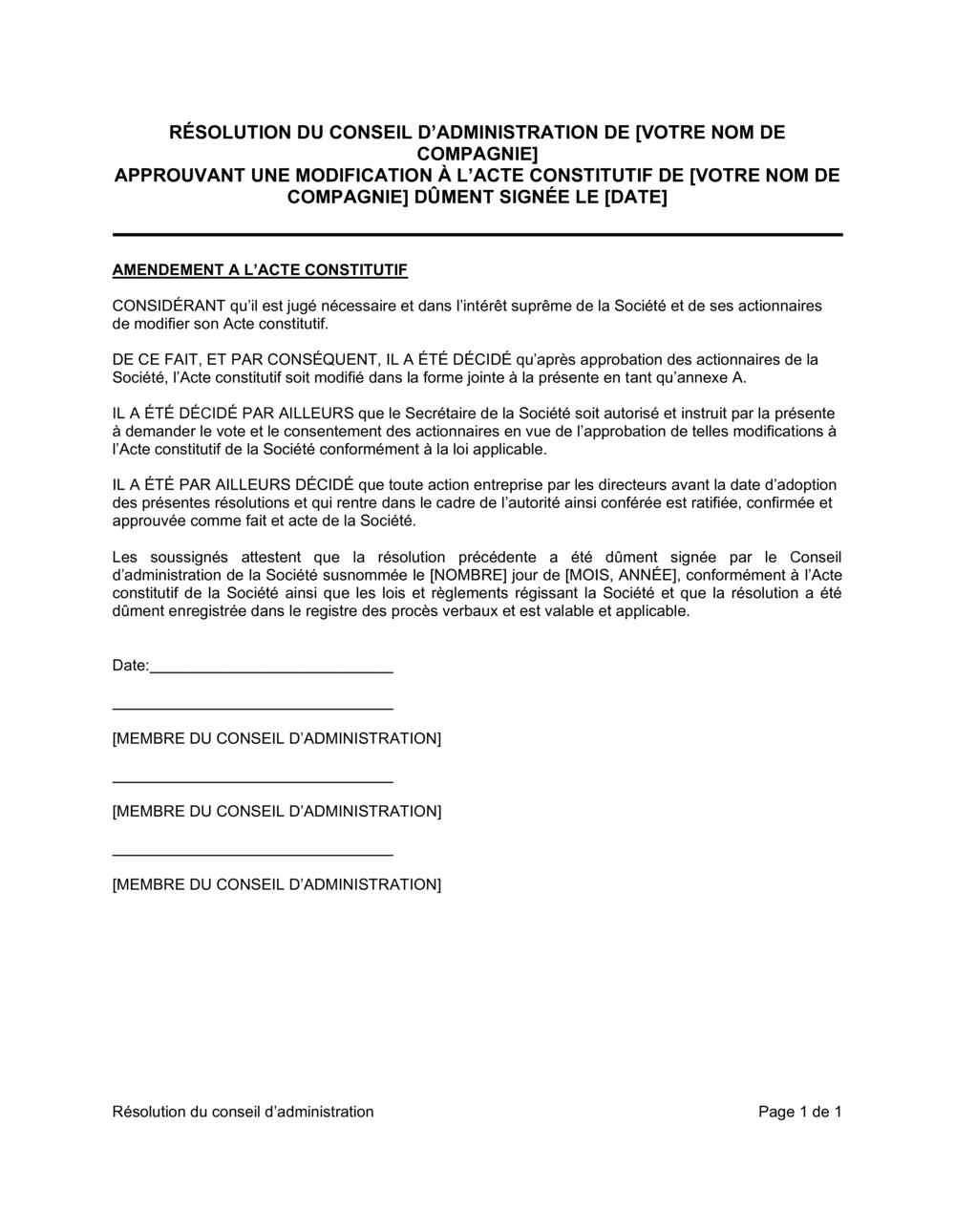 Résolution du CA approuvant un amendement à l'Acte Constituf