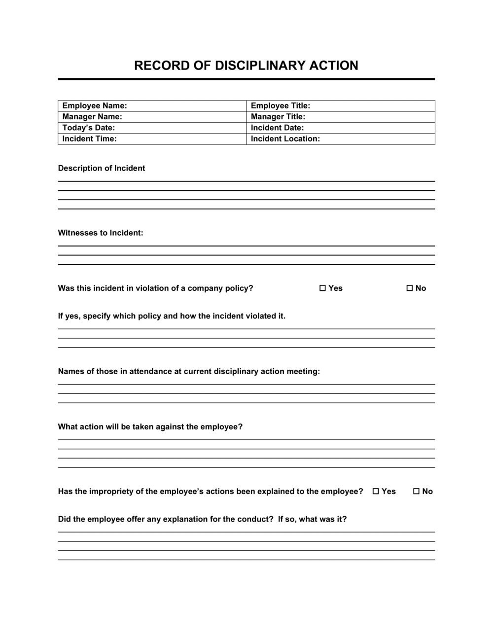 Record Of Disciplinary Action And Proposed Changes Template By 