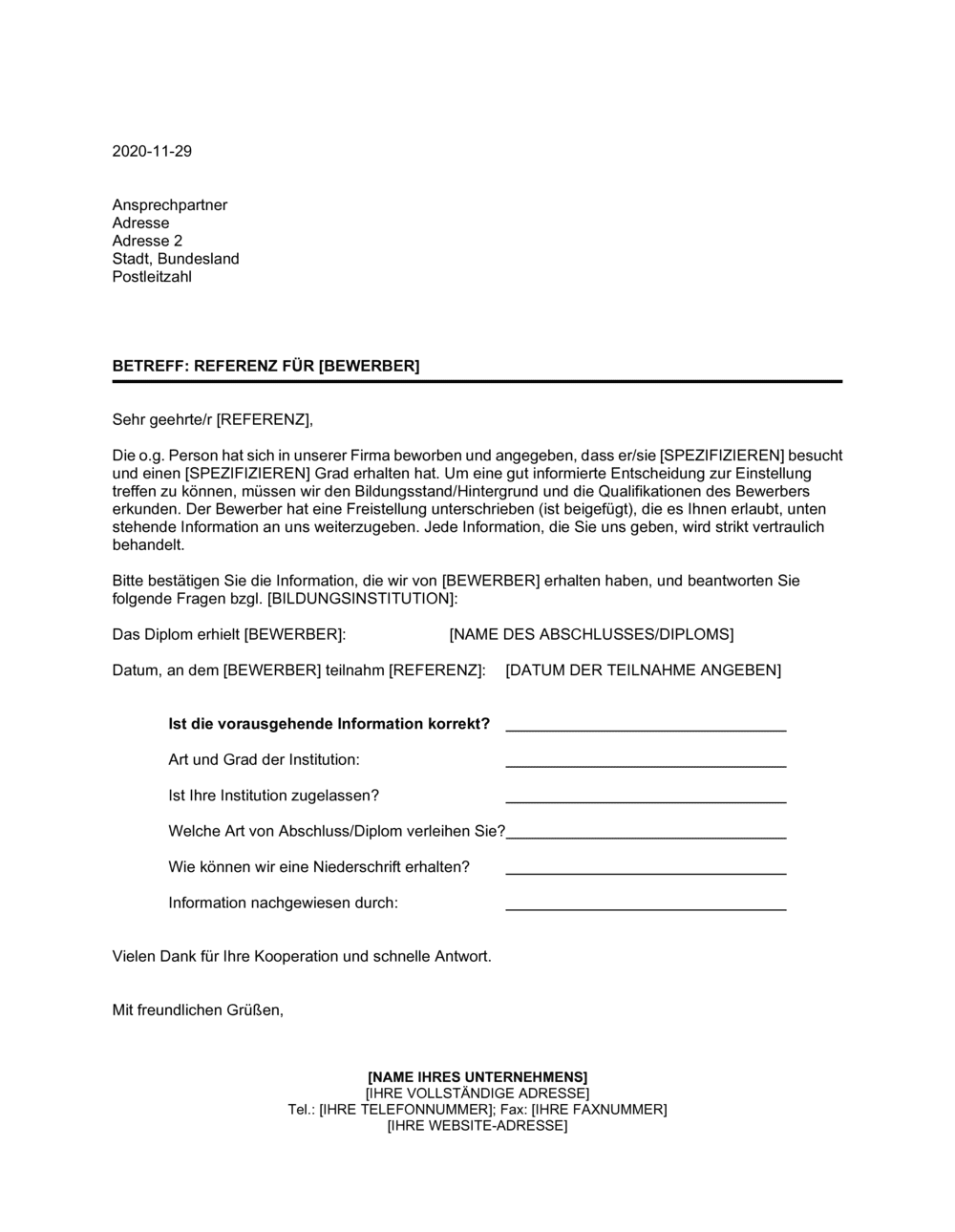 Referenz für Bewerber | Kostenloser Word-Download