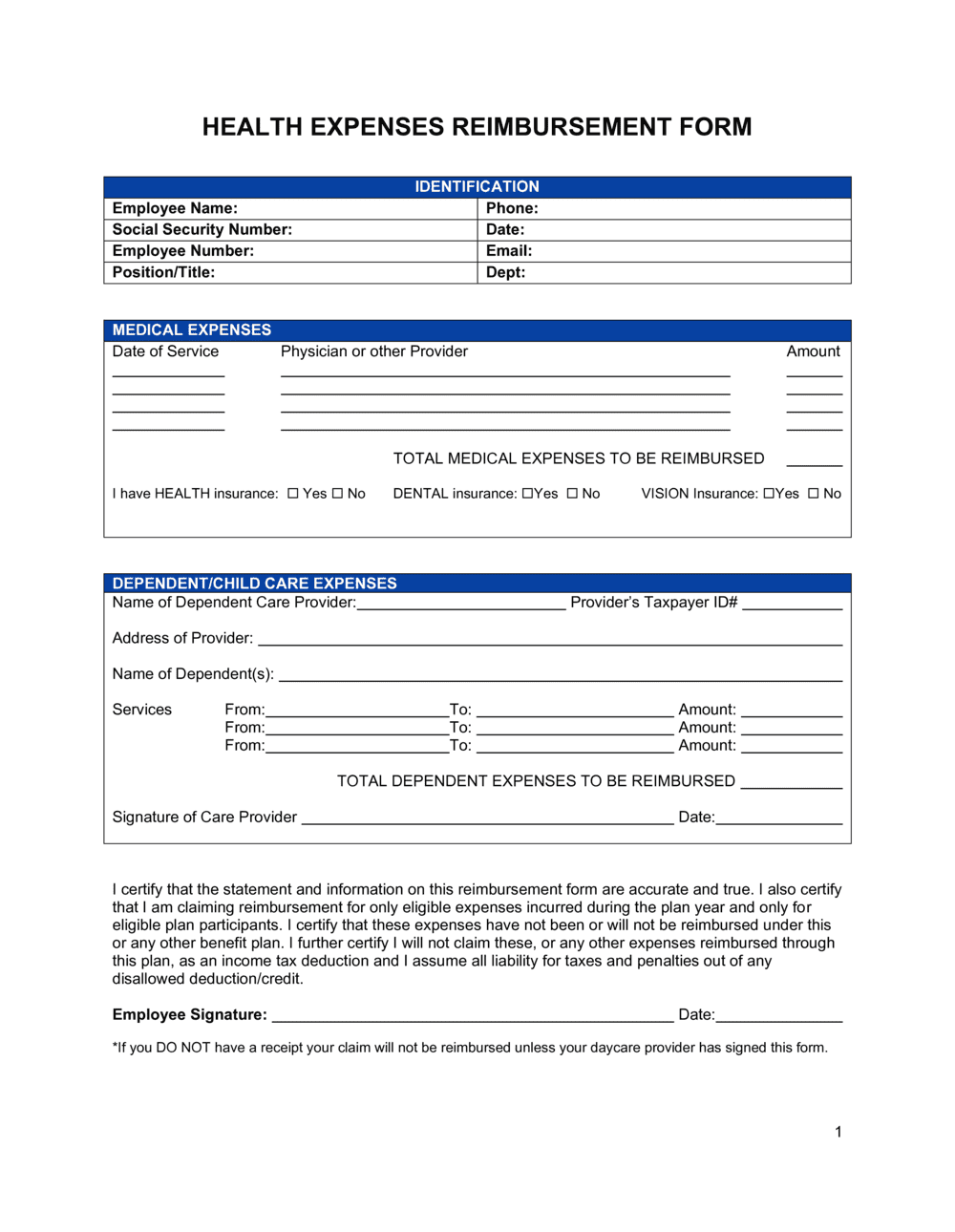 Reimbursement Form Medical Expenses Template By Business in a Box 