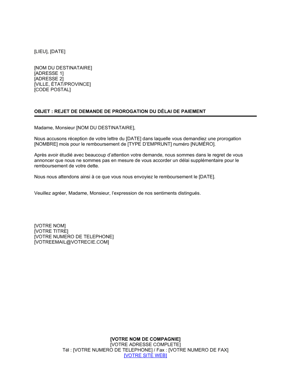 Rejet de demande de prorogation du délai Modèle (Word & PDF) - Essai ...