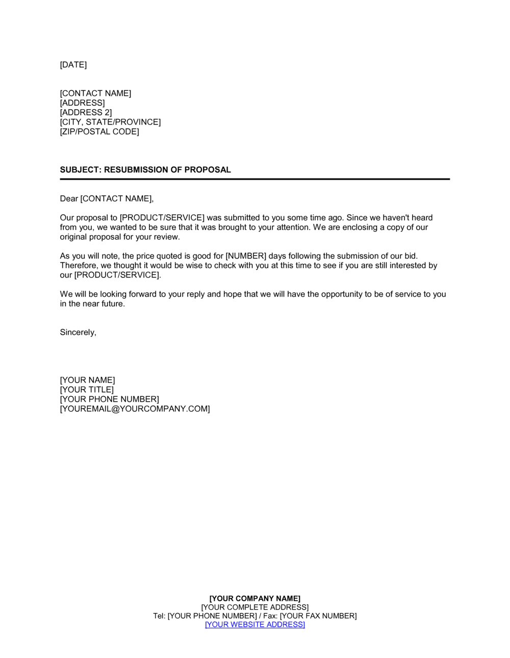 Resubmission Of Proposal Template By Business in a Box 