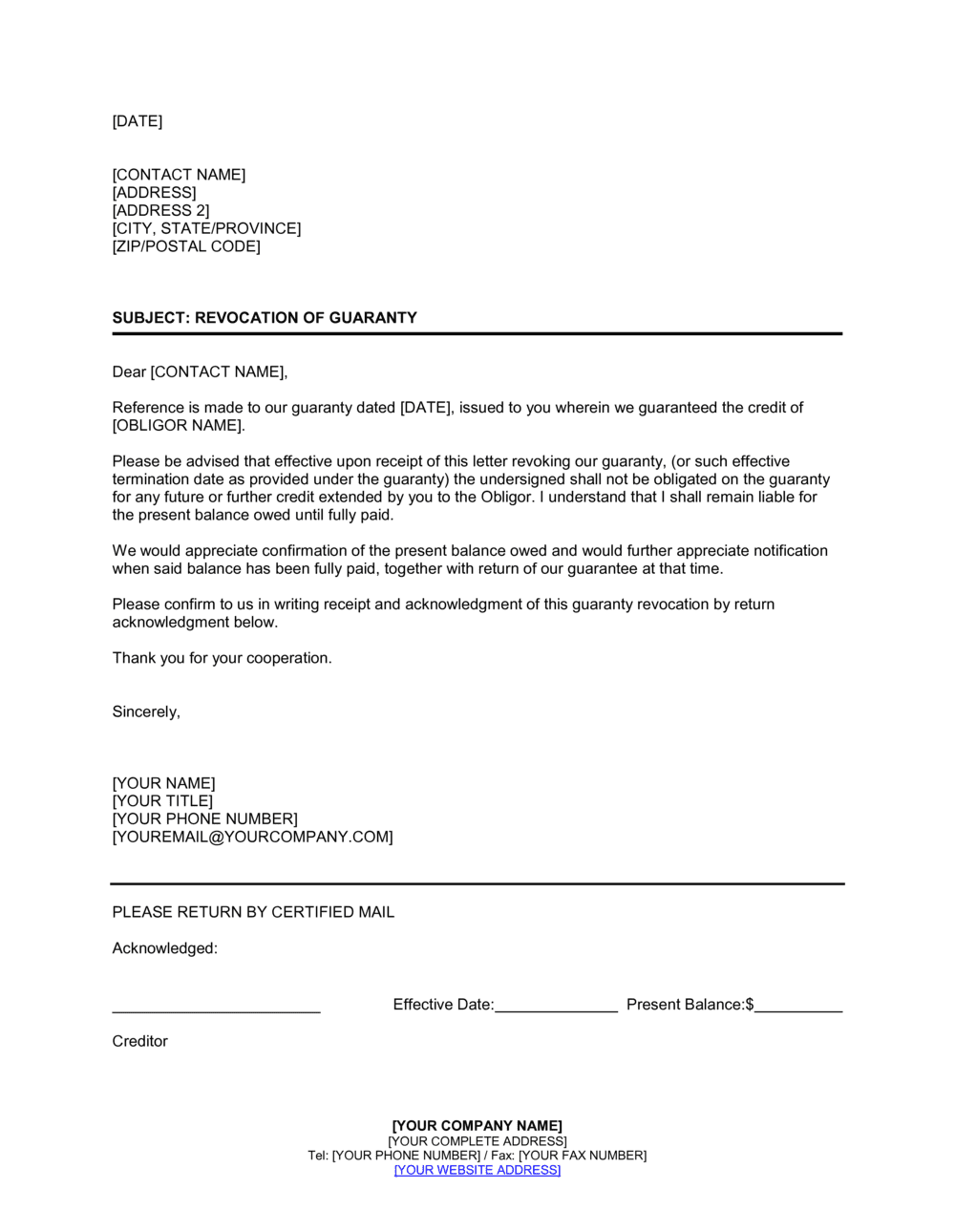 Revocation Of Guaranty Template By Business in a Box 