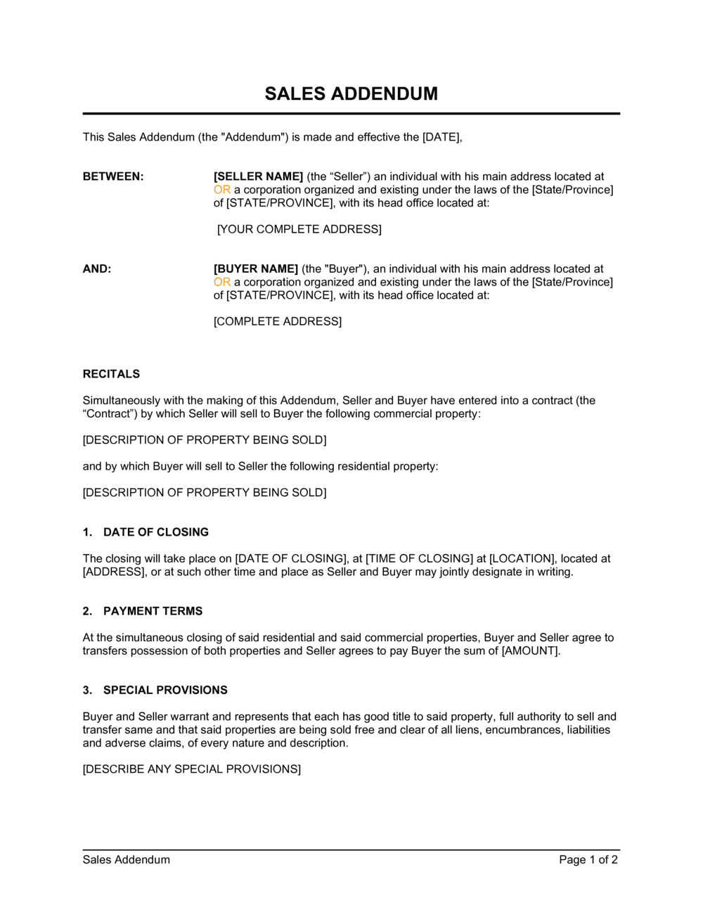 Sales Addendum Template By Business in a Box 