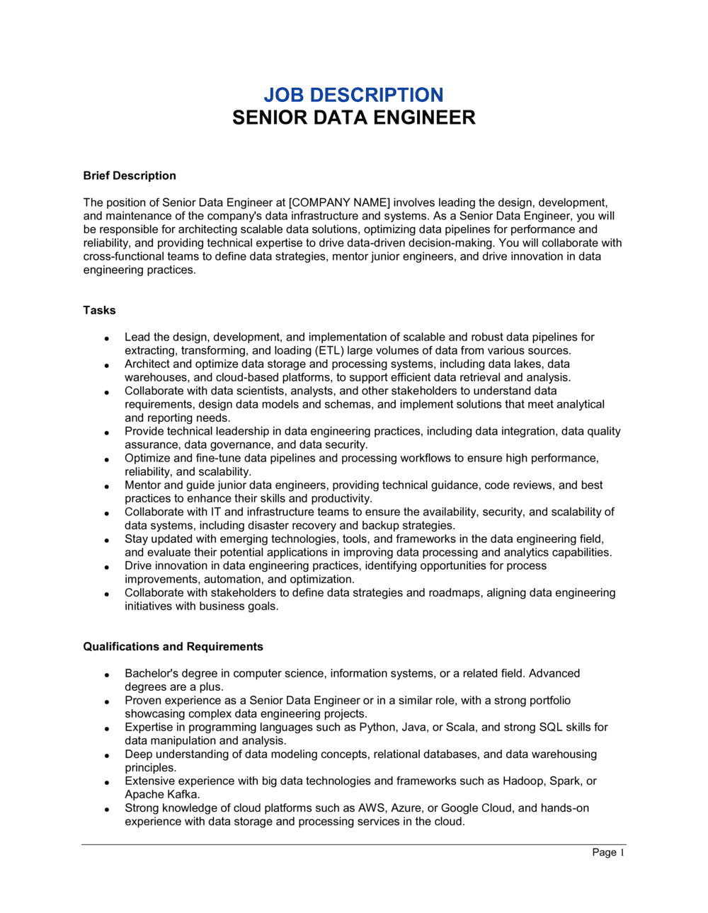Senior Data Engineer Job Description Template [Free Download] Word & PDF