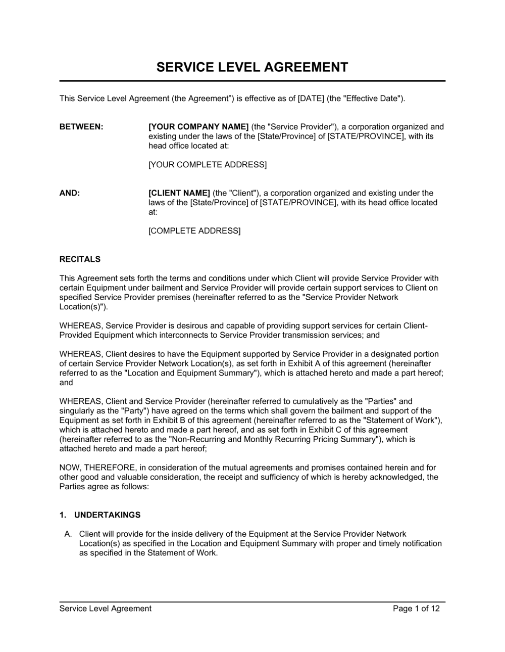 Standard Service Level Agreement Template