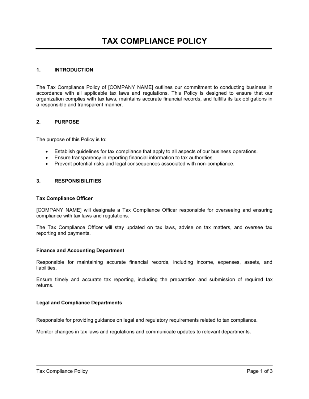 Tax Compliance Policy Template (Word & PDF) - Free Trial