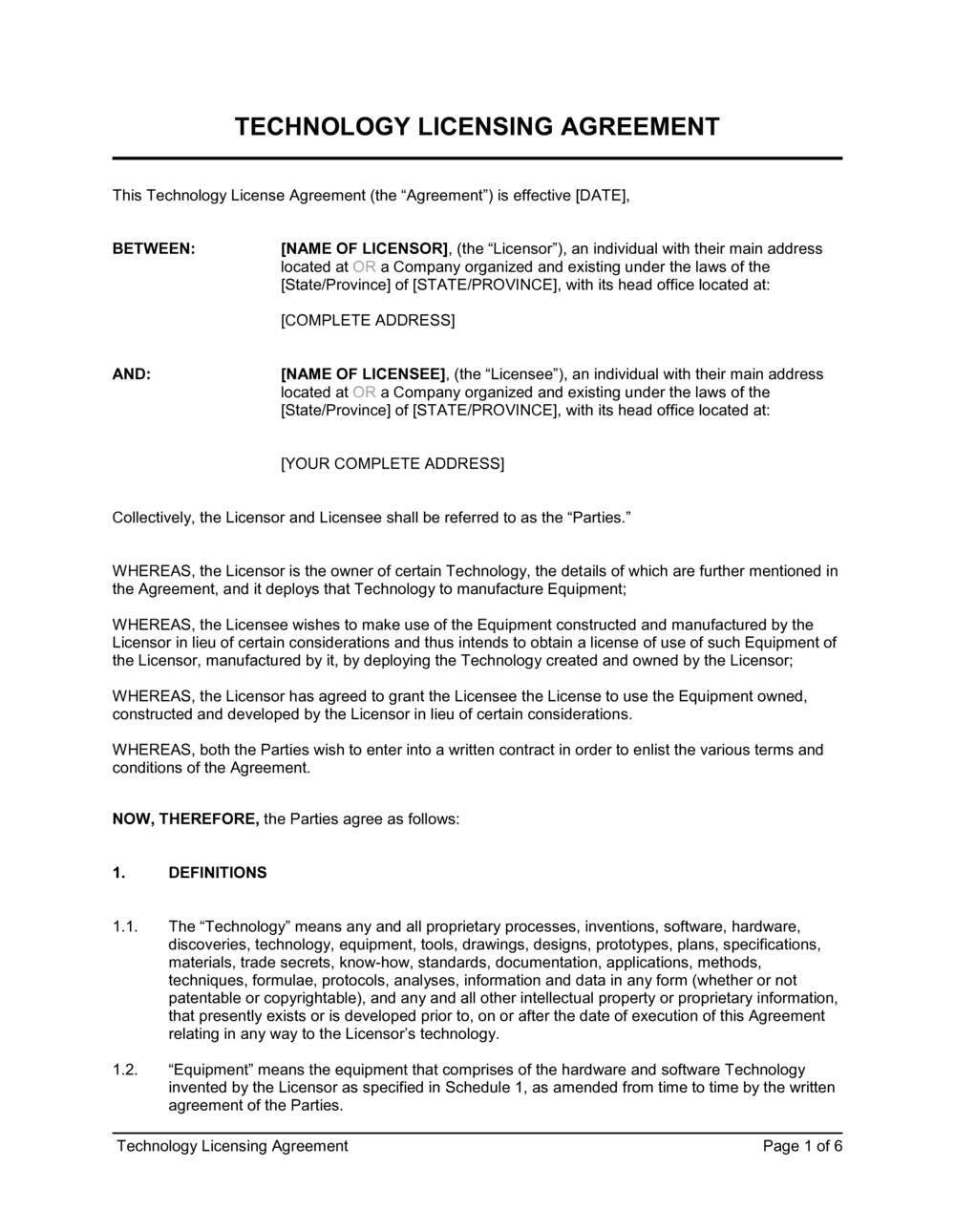 Technology Licensing Agreement Template (Download) Technology Licensing Agreement Template (Download)
