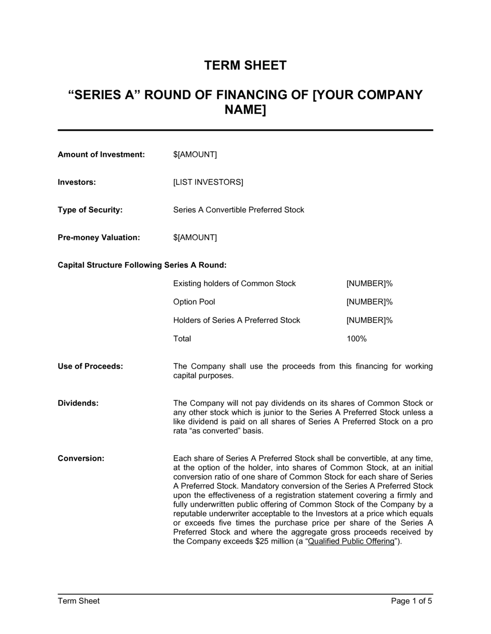 Free Printable Term Sheet Templates Download Samples