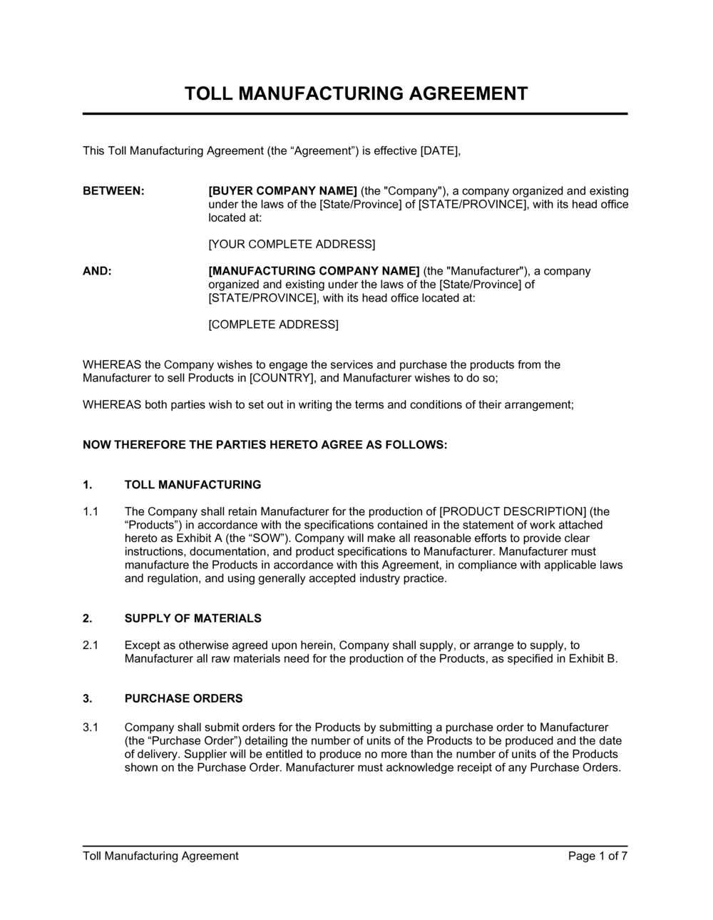 Manufacturing Supply Agreement Templates