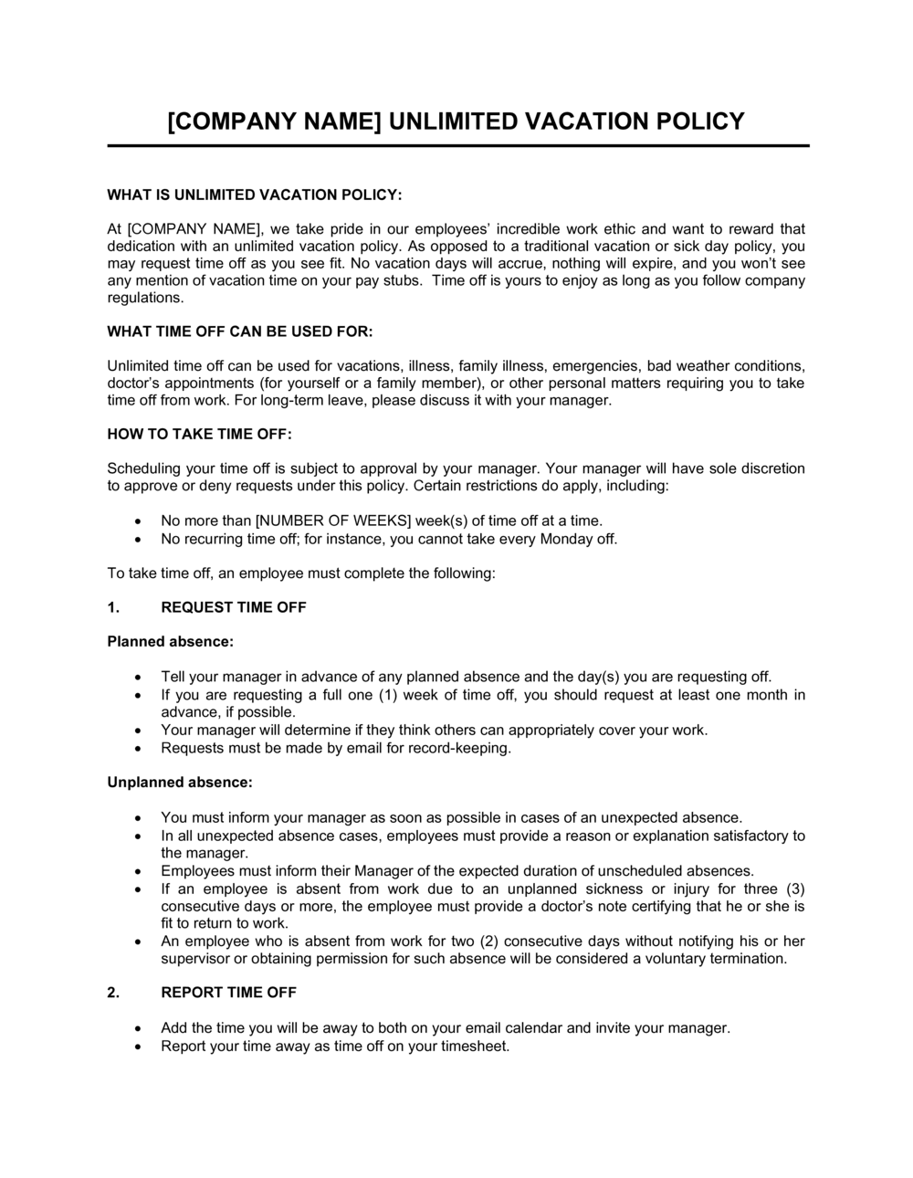 Unlimited Vacation Policy Template By Business in a Box 