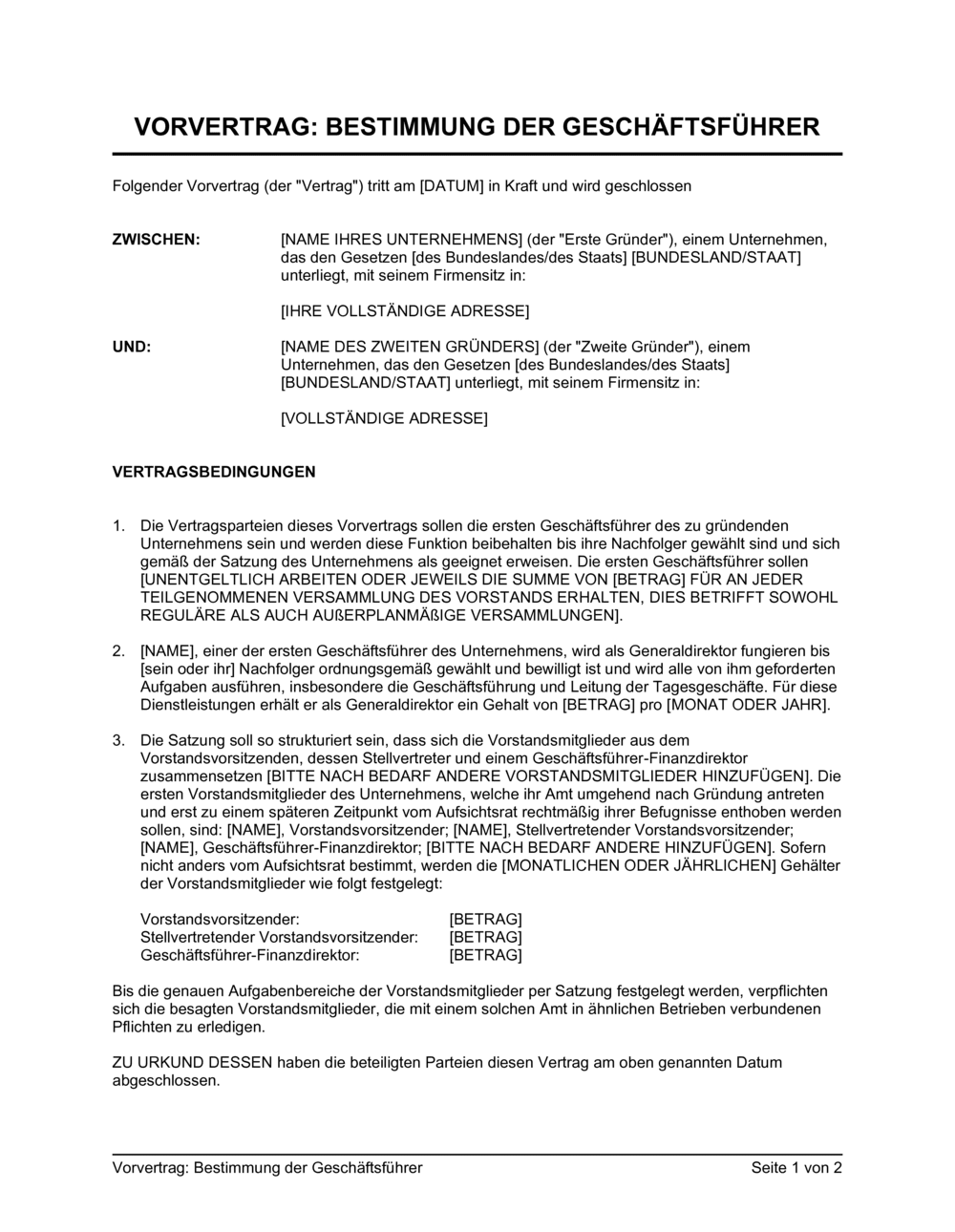 Vorvertrag Bestimmung der Geschäftsführer Vorlage (Word & PDF ...