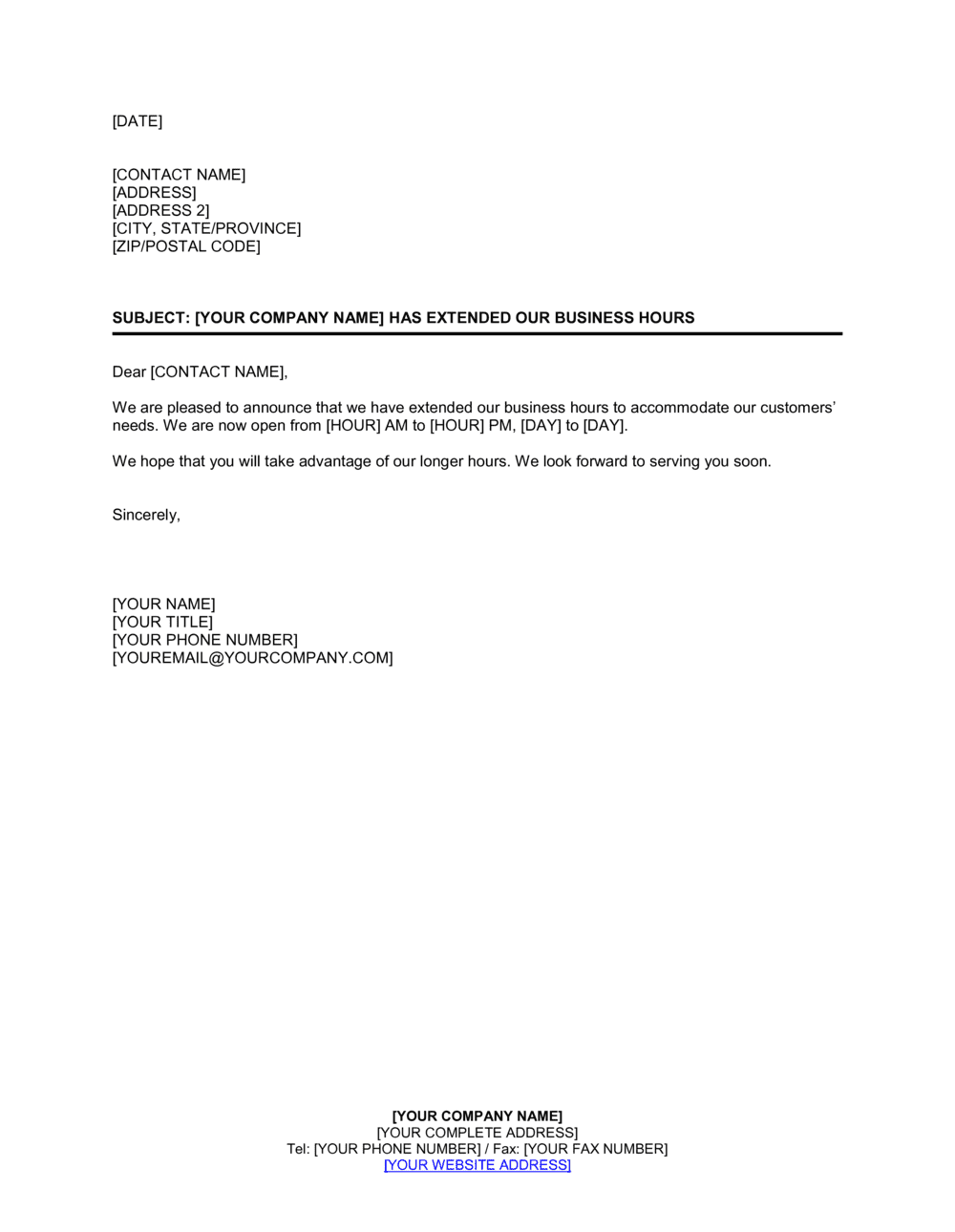 Change Of Working Hours Letter To Employee Template