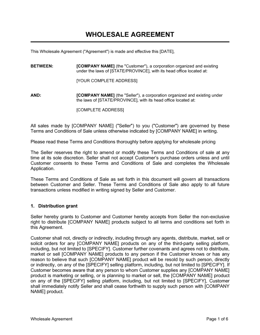 Wholesale Agreement Template By Business in a Box 