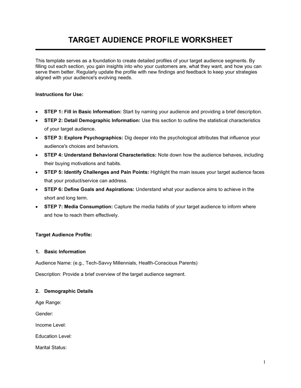 Worksheet Target Audience Profile