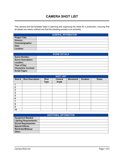 Camera Shot List Template [Free Download] Word & PDF