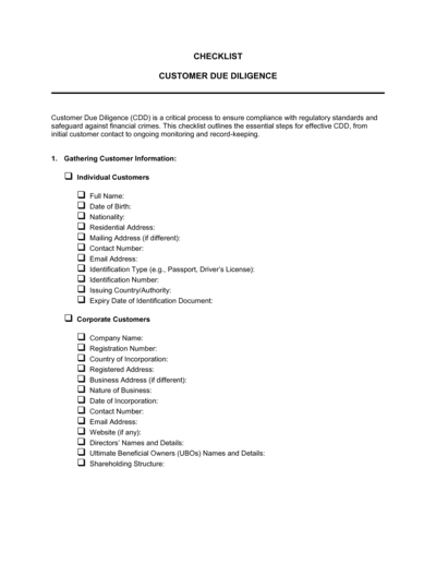 Checklist Customer Due Diligence Template (Word & PDF) - Free Trial