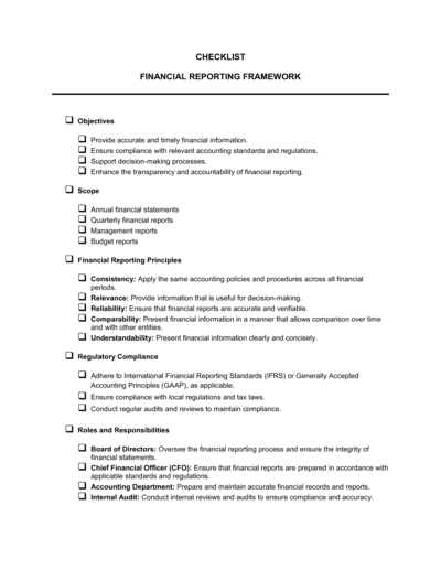 Checklist Financial Reporting Framework Template (Word & PDF) - Free Trial