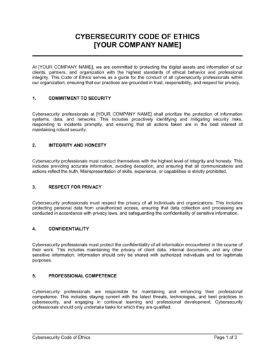 Cybersecurity Code Of Ethics Template (Word & PDF) - Free Trial