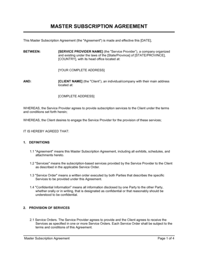 Master Subscription Agreement Template (Word & PDF) - Free Trial