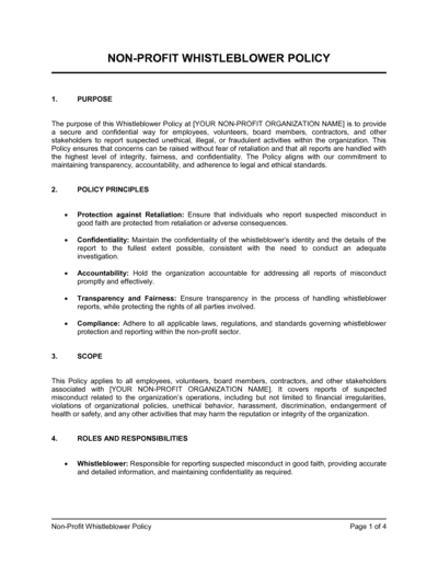 Non-Profit Whistleblower Policy Template (Word & PDF) - Free Trial