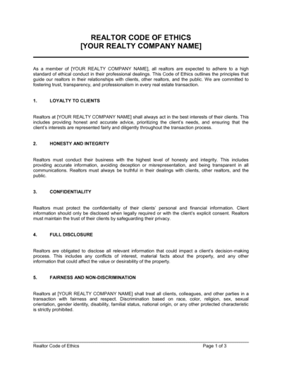Realtor Code Of Ethics Template (Word & PDF) - Free Trial