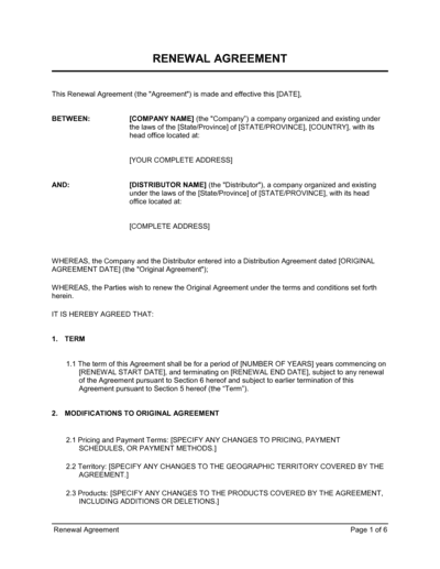 Renewal Agreement Template (Word & PDF) - Free Trial