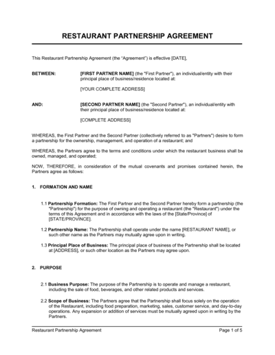Restaurant Partnership Agreement Template | BIB