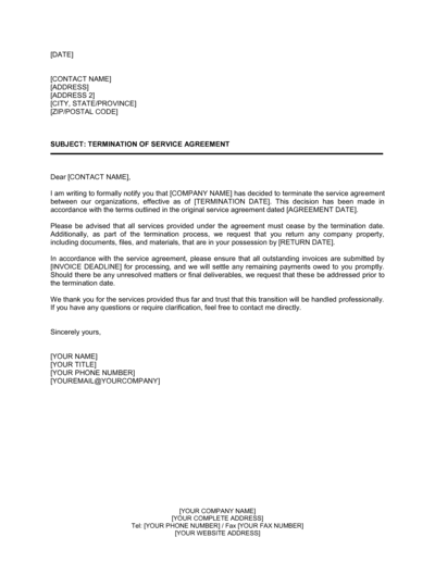 Service Agreement Termination Letter Template | Free Word Download