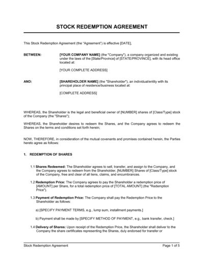 Stock Redemption Agreement Template (Word & PDF) - Free Trial