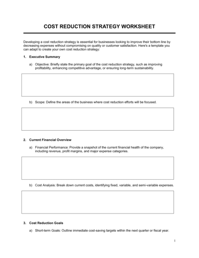 Worksheet Cost Reduction Strategy Template (Word & PDF) - Free Trial