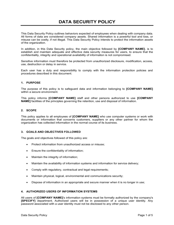 Free Data Security Policy Template – Word & PDF