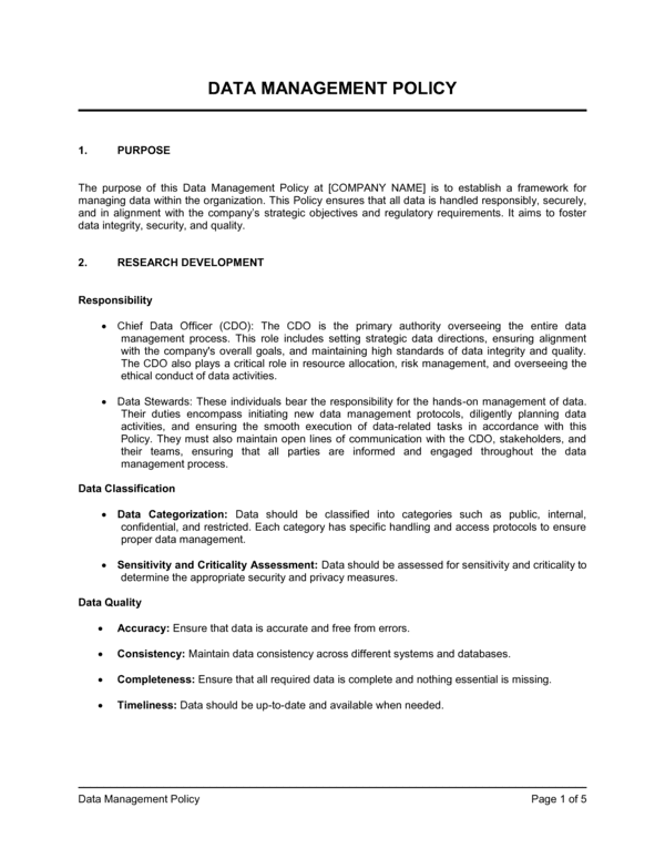 Data Management Policy Template (Free Word)