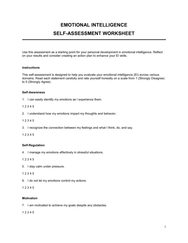 Free Emotional Intelligence Self Assessment Worksheet Template – Word & PDF