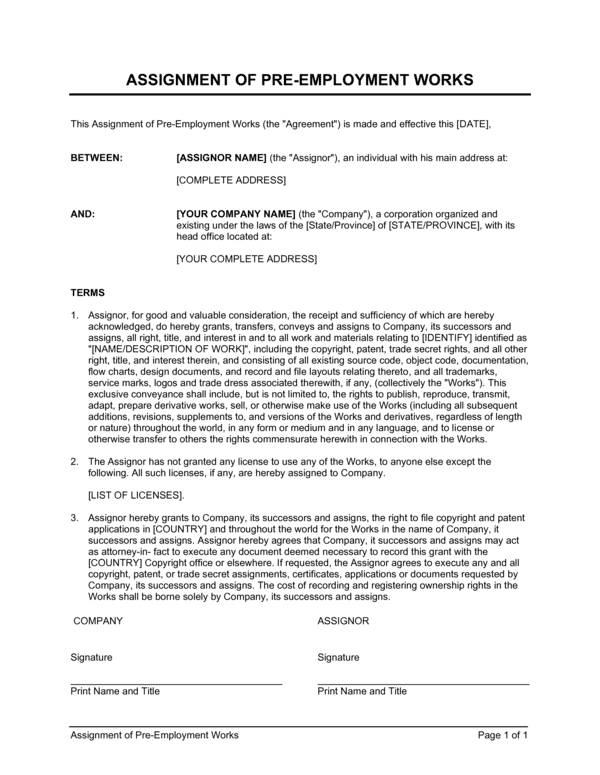 Assignment Of Pre-Employment Works Template (Free Word)